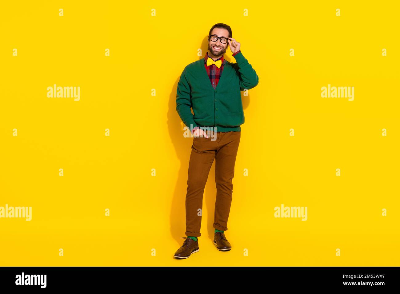 Full body photo of elegant positive person arm touch eyewear look empty ...