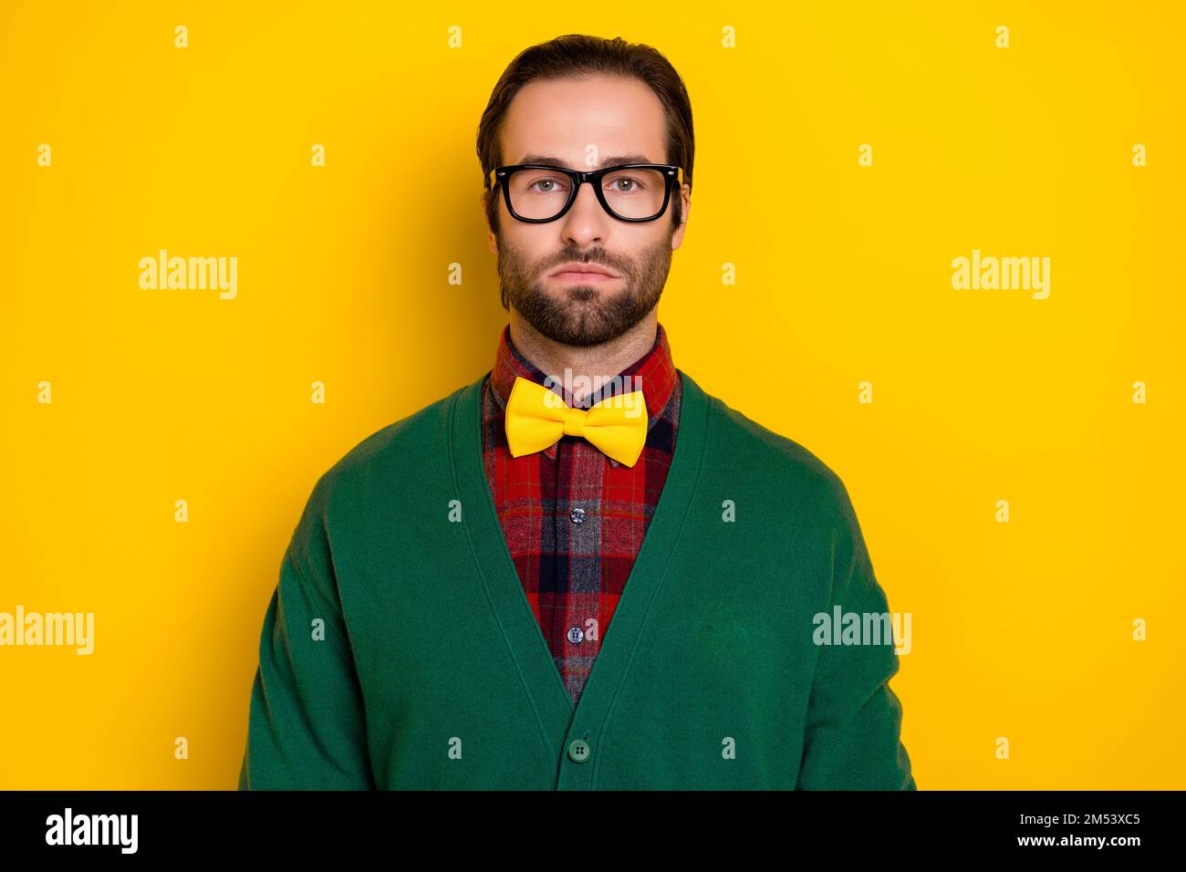 Photo of focused concentrated person calm face wear dandy clothes ...