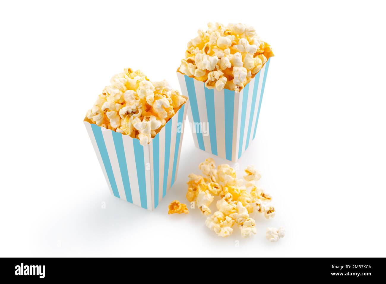 Two blue white striped carton buckets with tasty cheese popcorn ...