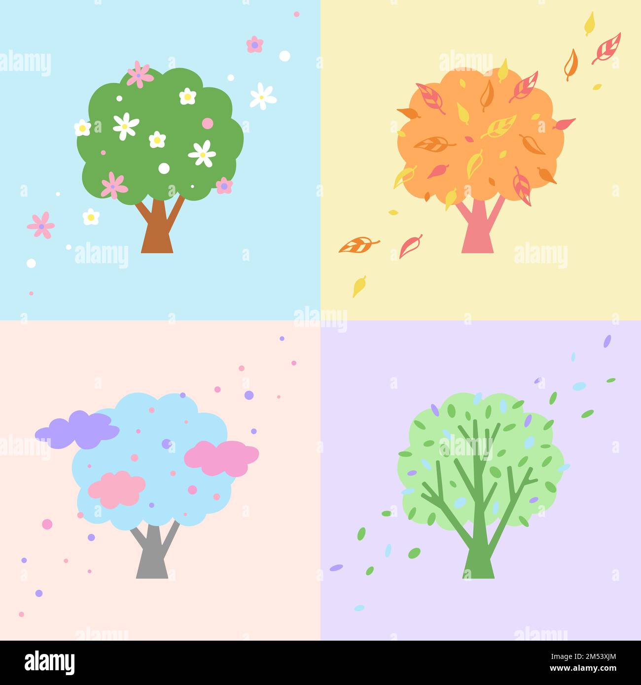 Vector illustration in pastel colors. Seasons trees at different times ...