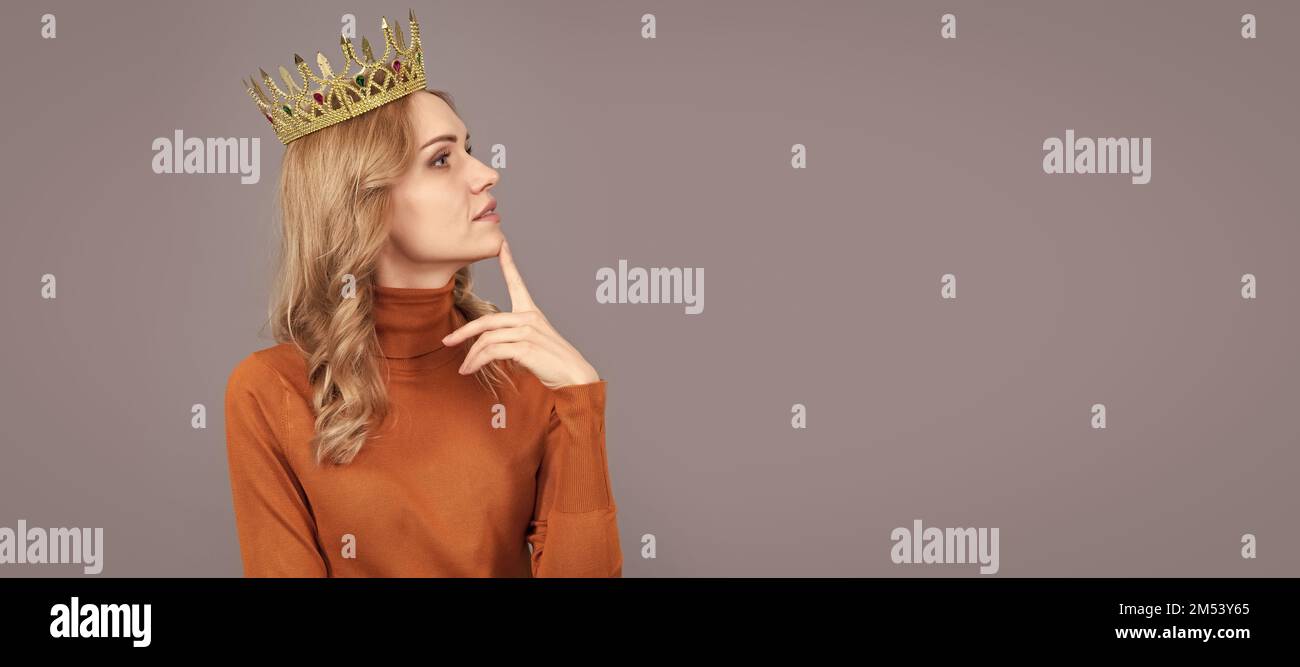 thinking blonde girl with curly hair wear crown, imagine. Woman ...