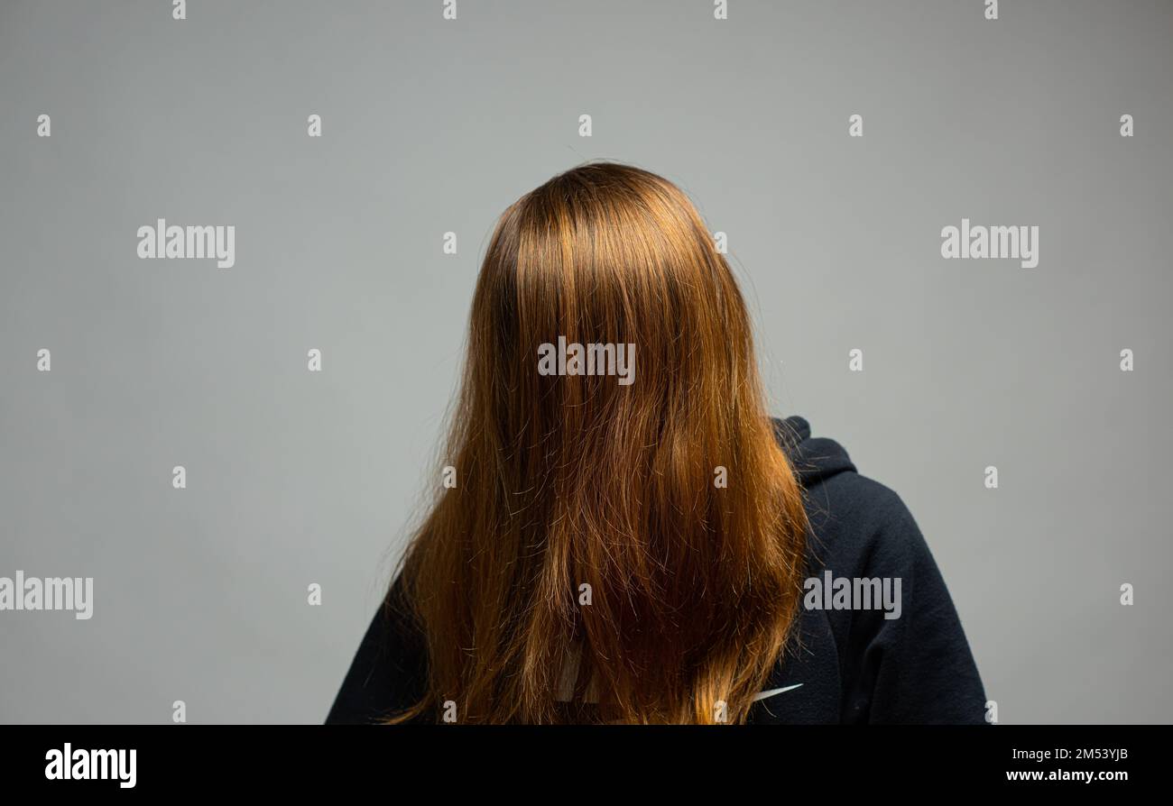 A closeup shot from the back of a long brown haired female model ...