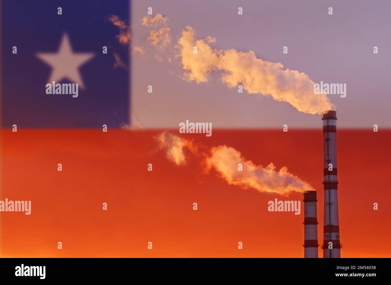 Ecological concept. Against the background of the flag of Chile, smoke ...
