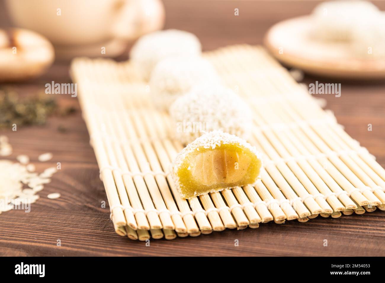 Japanese rice sweet buns mochi filled with pandan and coconut jam and ...