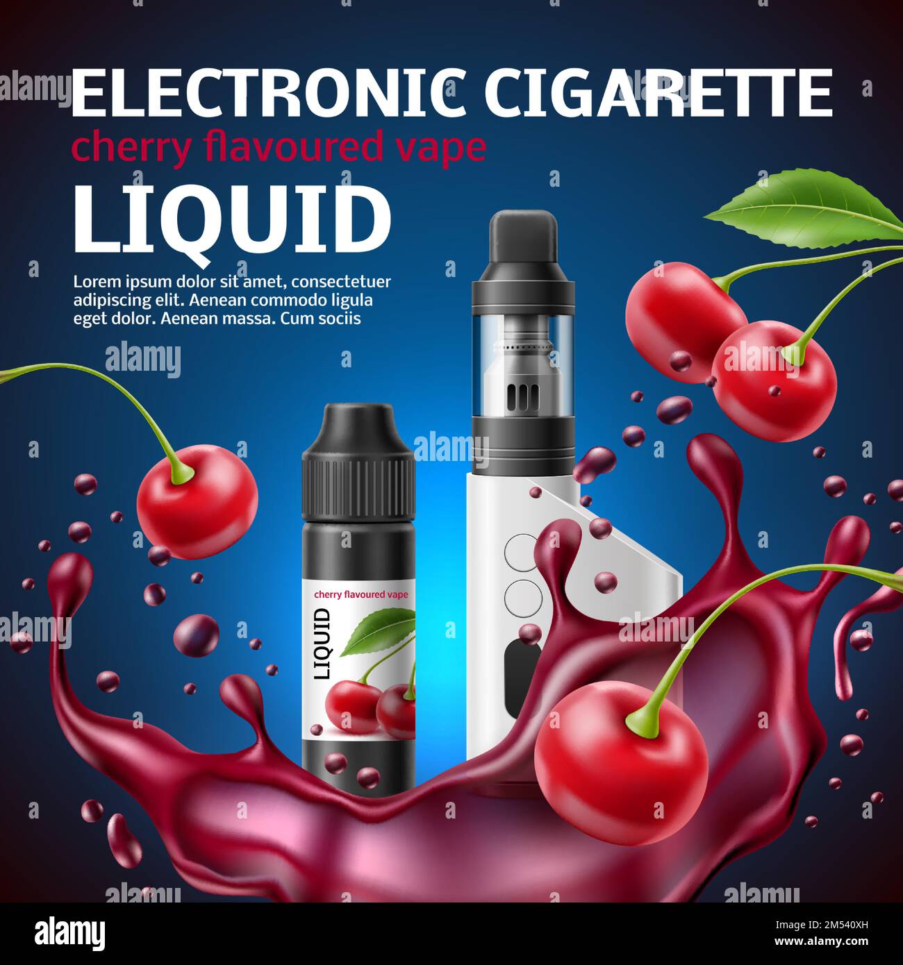 Realistic vape shop poster. 3d electronic cigarette with cherry taste ...