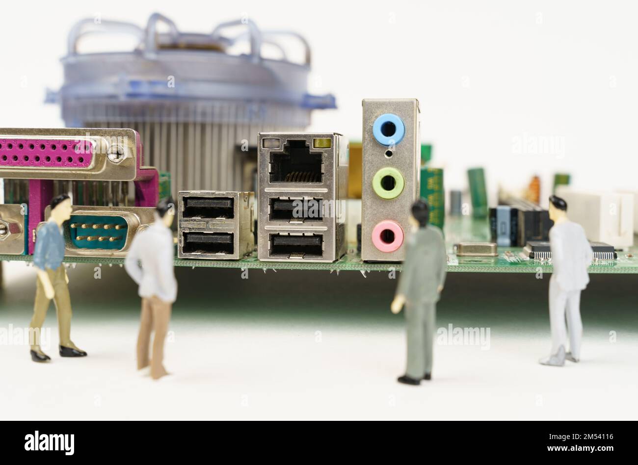 Computer technology concept. Near the motherboard of the computer are ...