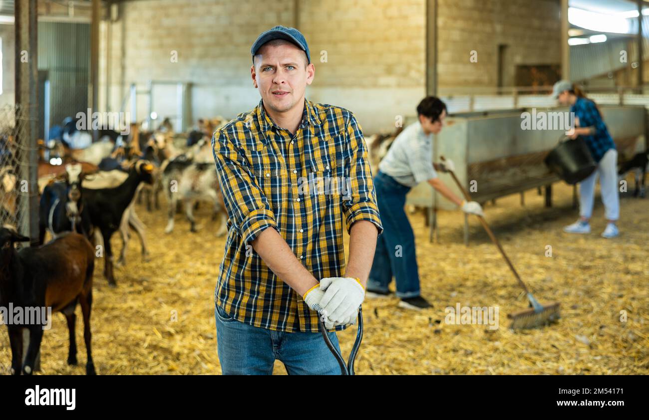 Experienced livestock farm worker standing in goat stall Stock Photo ...