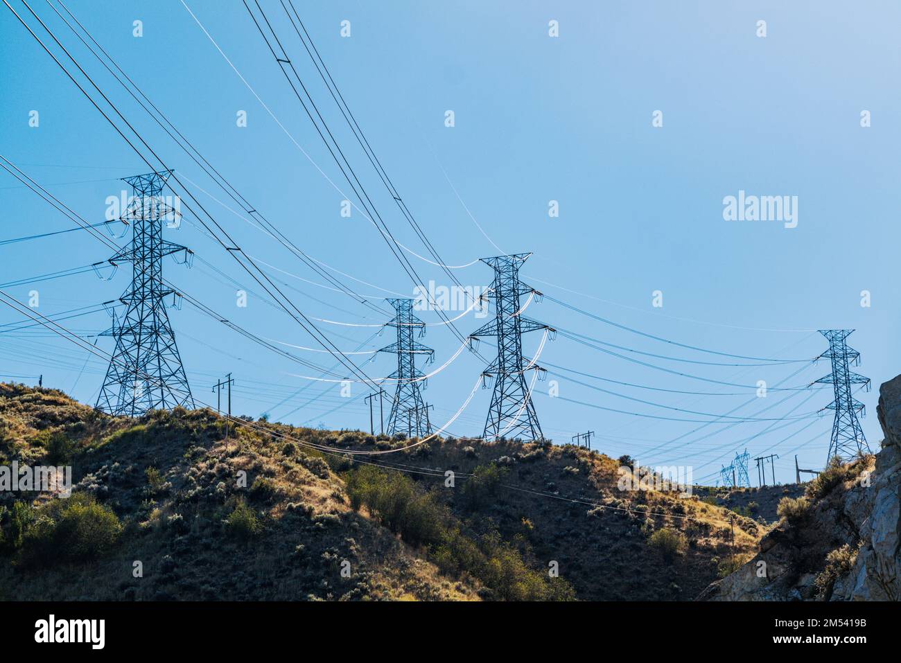 Electrical transmission lines run from Grand Coulee hydroelectric dam ...