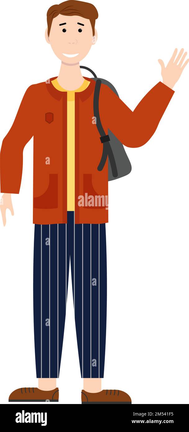 A young man waves his hand in greeting. Vector illustration Stock ...
