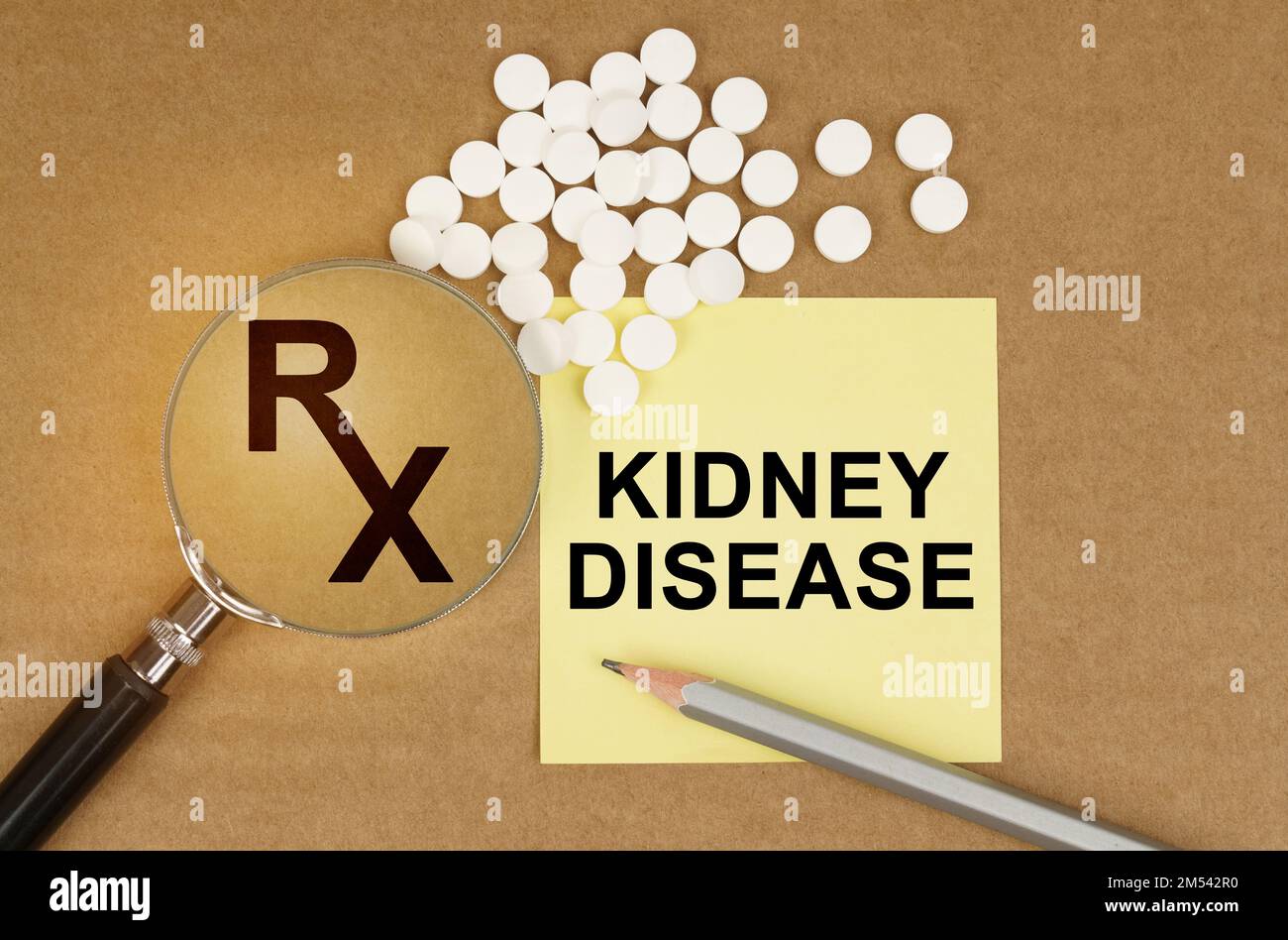 Medical concept. On the table are pills, a magnifying glass, pencils ...