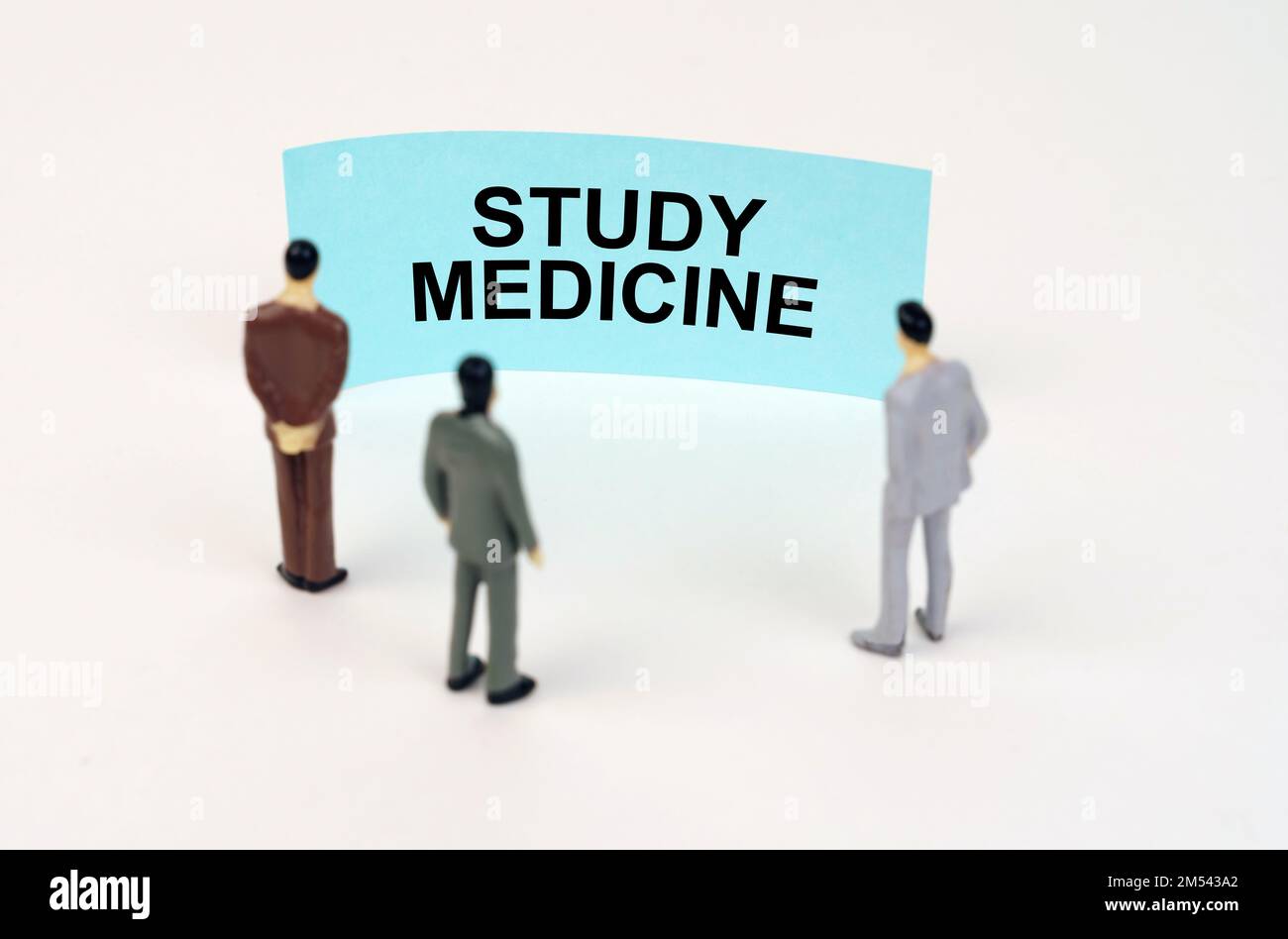 Medical concept. Miniature figures of people stand in front of a blue ...