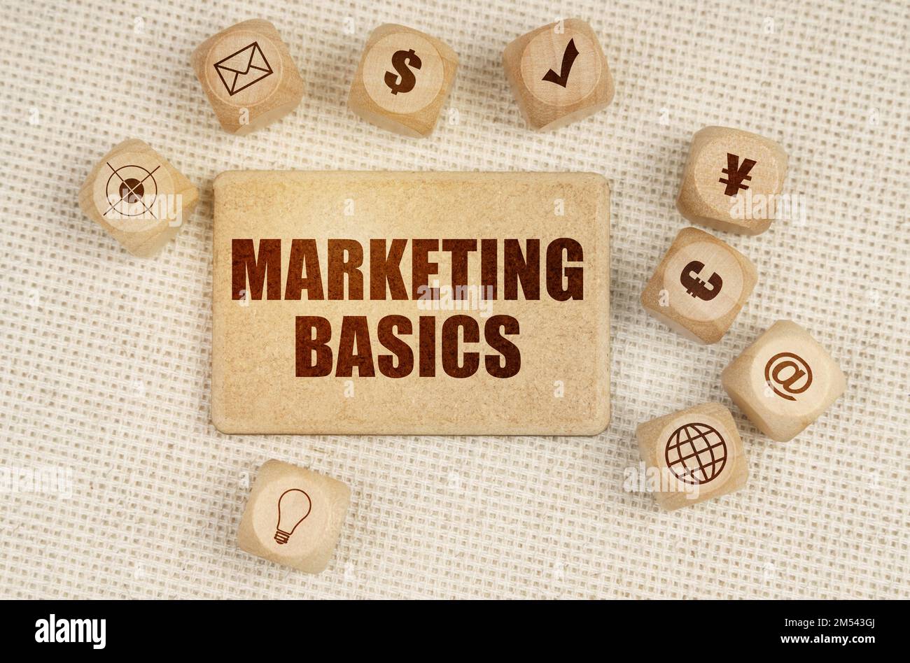 Business concept. On the fabric there are cubes with drawings and a ...