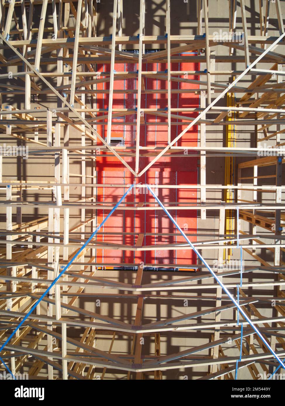 Building construction abstract view showing pine timber truss, beams ...