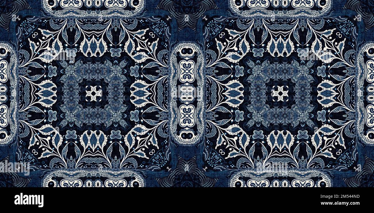 Retro indigo floral bandana 2 tone patterned fabric border background ...