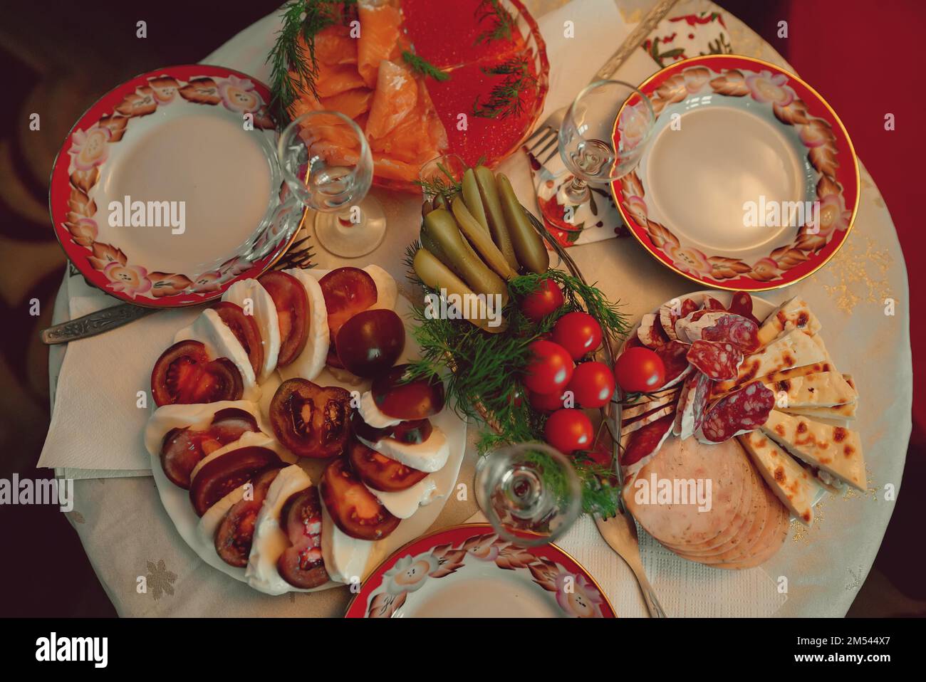 Russian New Year's table. Red fish, caviar and pickles for vodka Stock ...