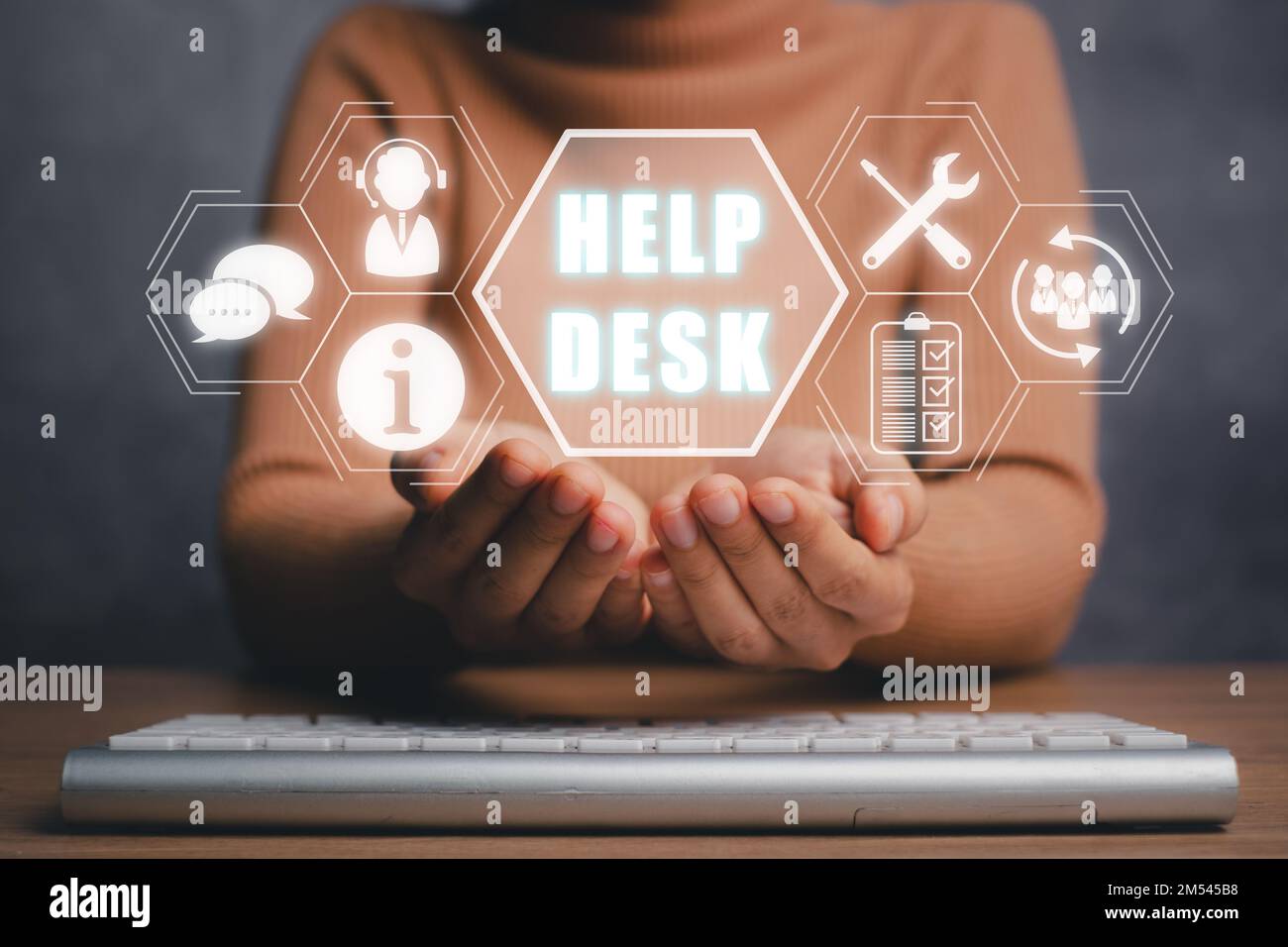 Communication Service Help Desk Concept, Person hand holding Help desk ...