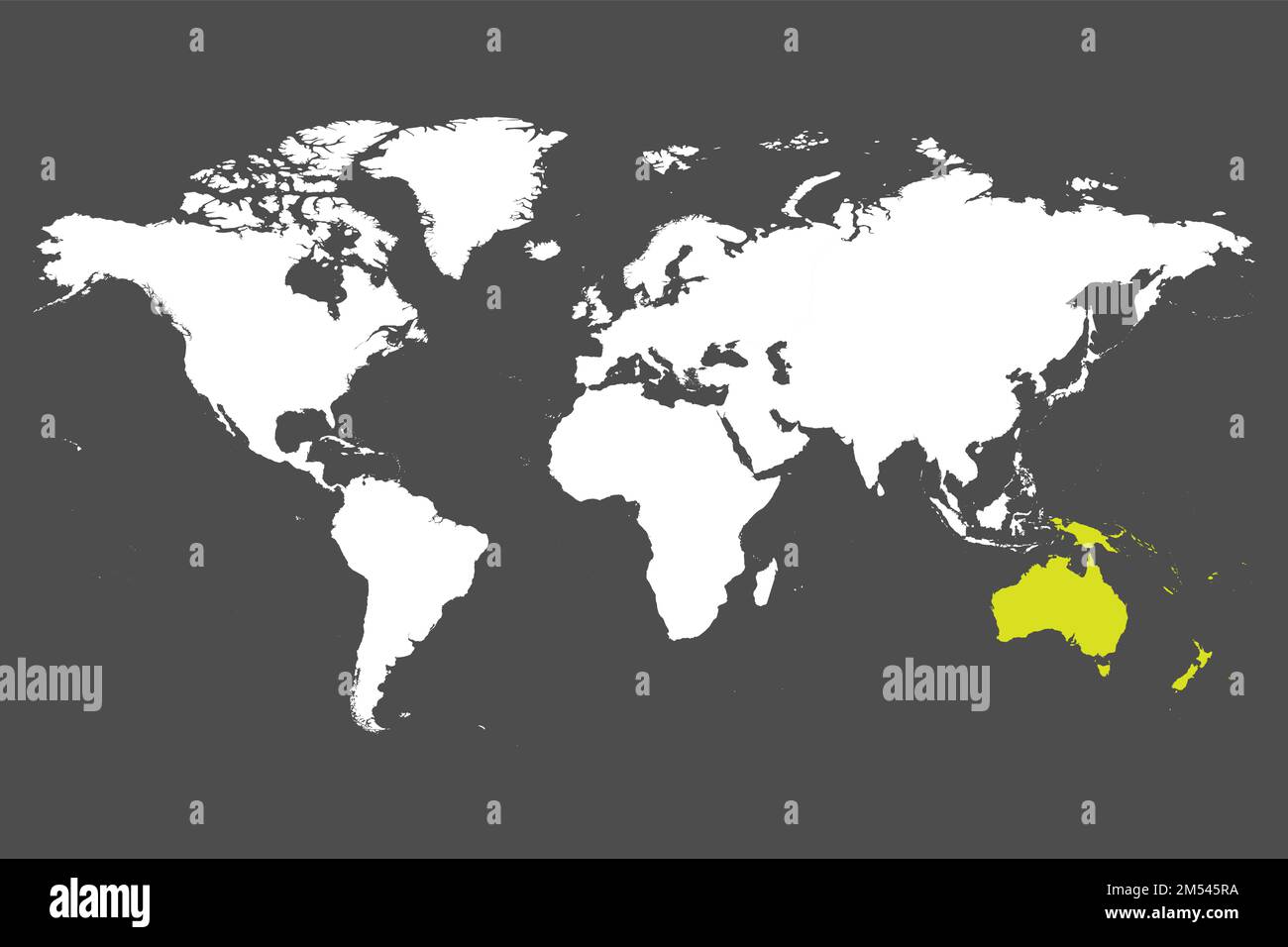 Australia continent green marked in white silhouette of World map ...