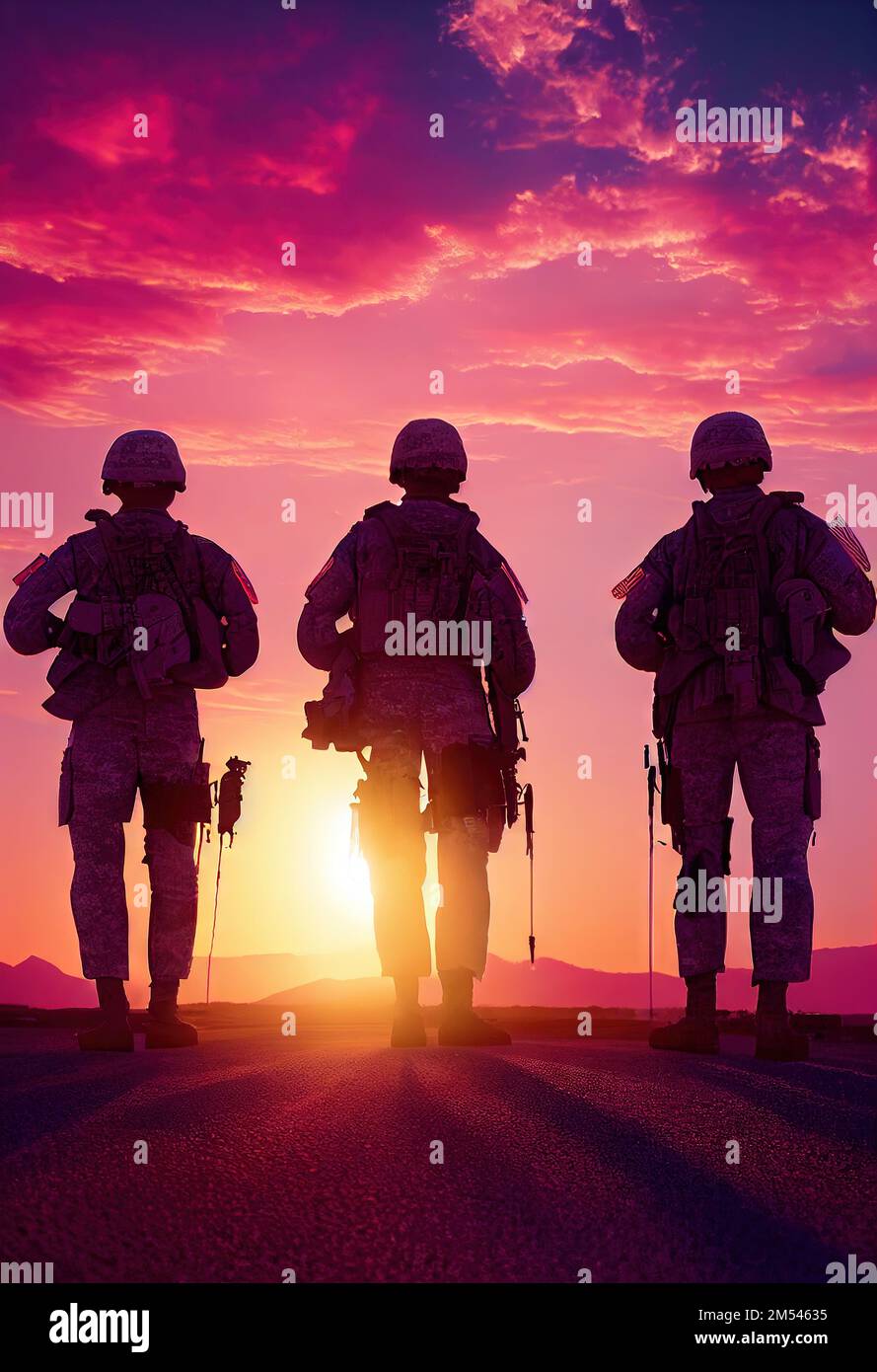 silhouettes of army military soldiers against sunset background ...