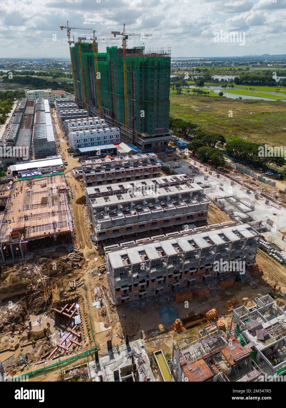 Drone aerial point of view of a building construction site in Phnom ...