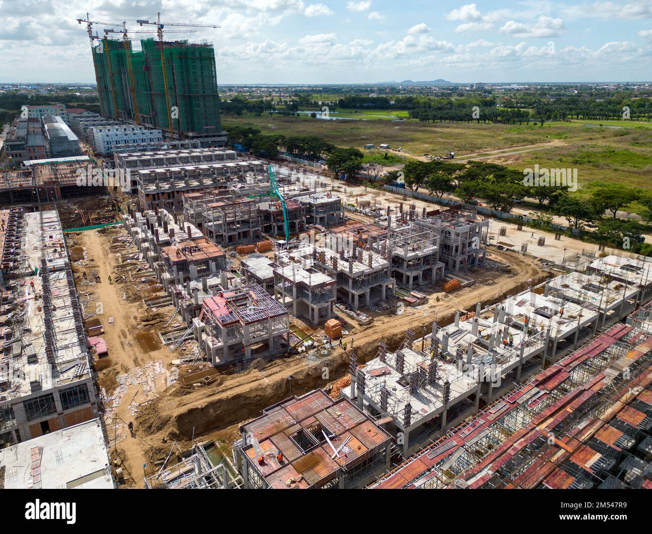 Drone aerial point of view of a building construction site in Phnom ...