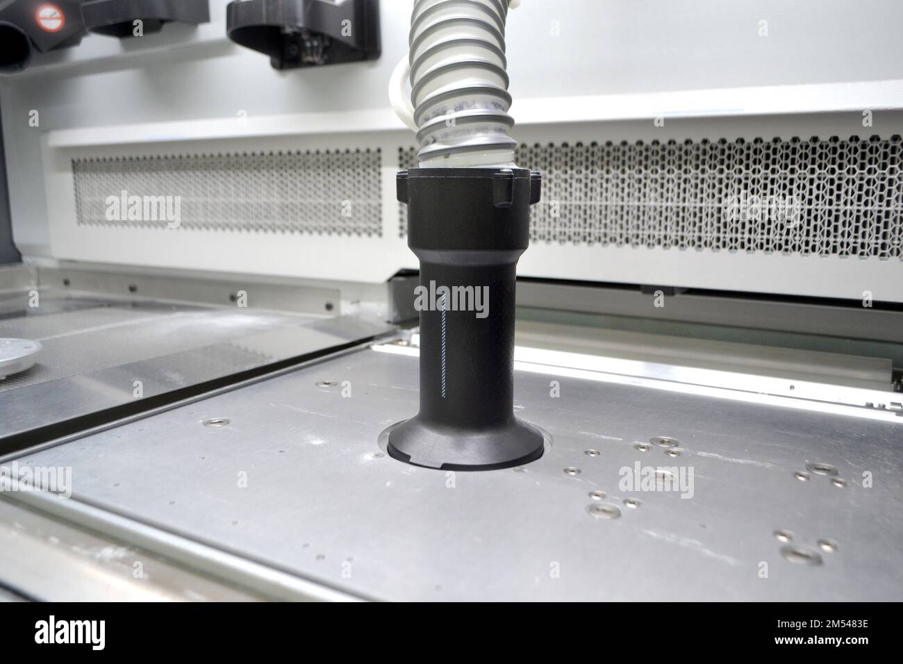 Powder part of 3d printer. Process of pouring polyamide powder through ...