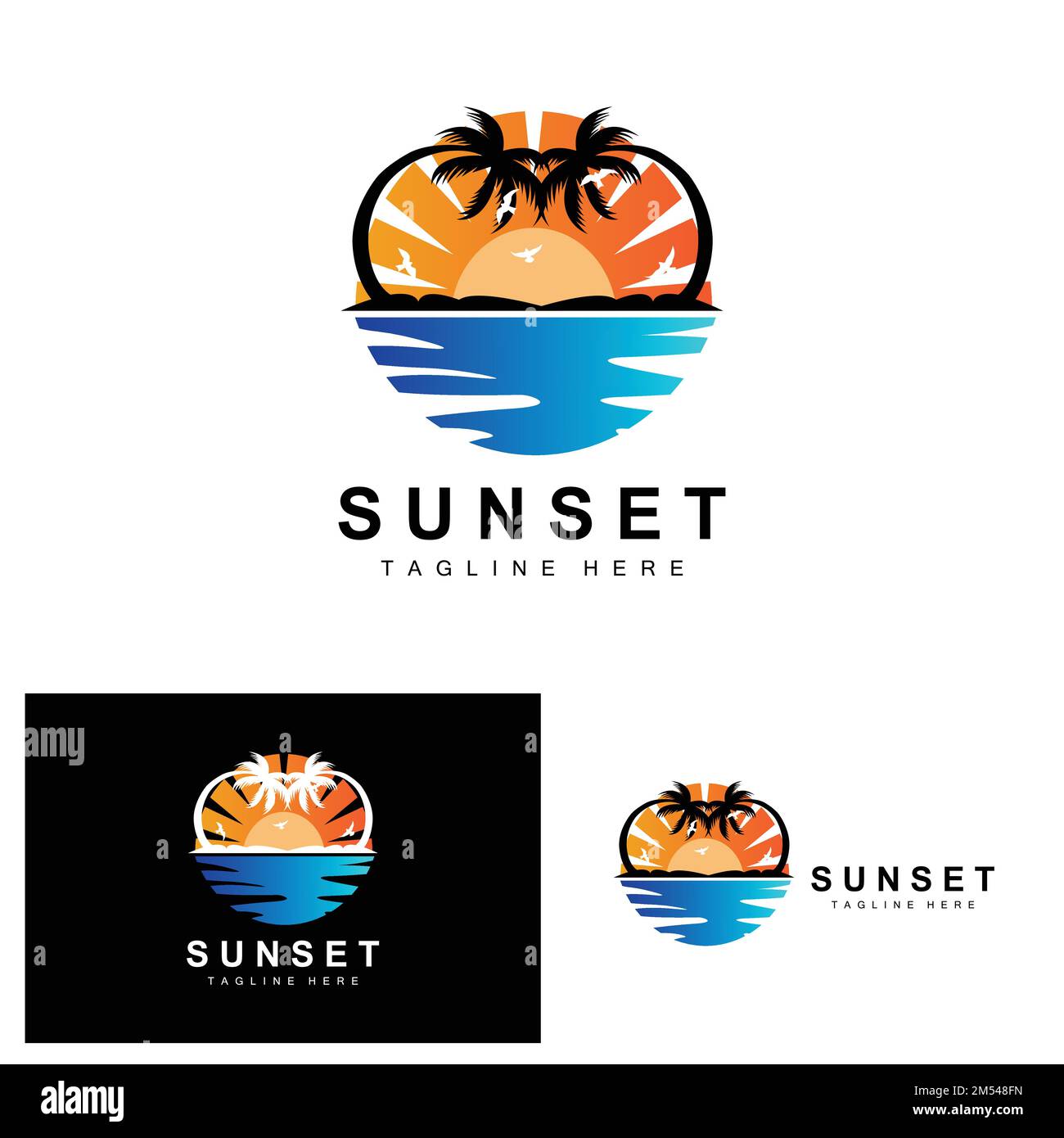 Sunset Beach Logo Design Seascape Illustration Red Day Vacation Spot