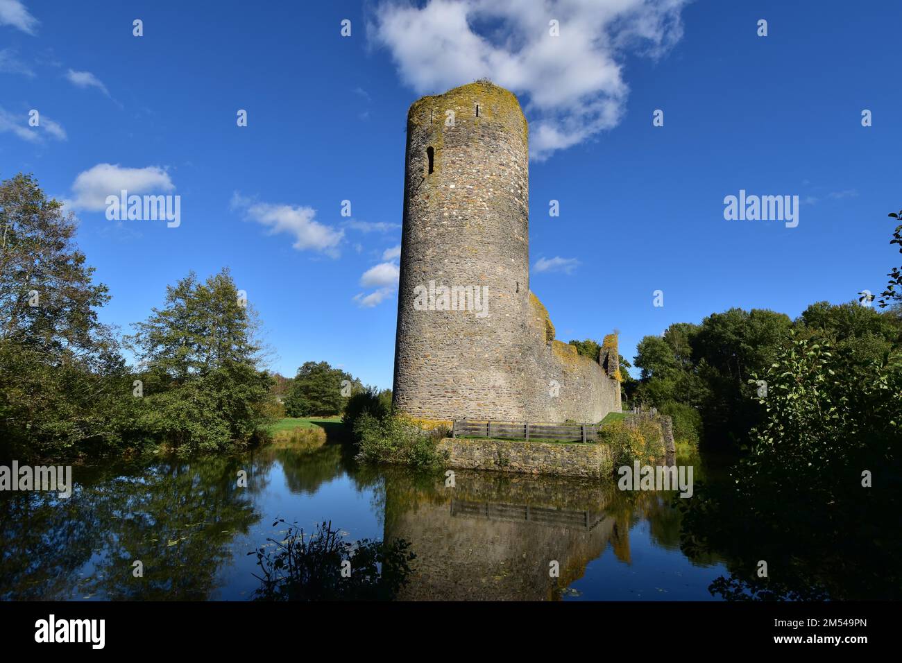 The ruins of the moated castle of Baldenau in the valley of the Dhron ...
