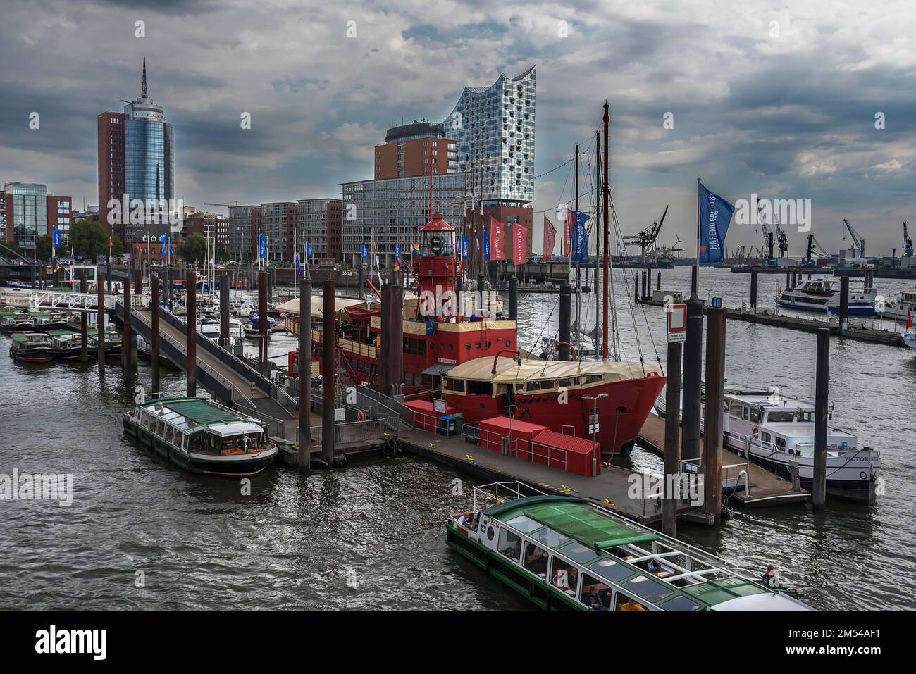 View of the Elbe Philharmonic Hall, in front a former lightship, today ...