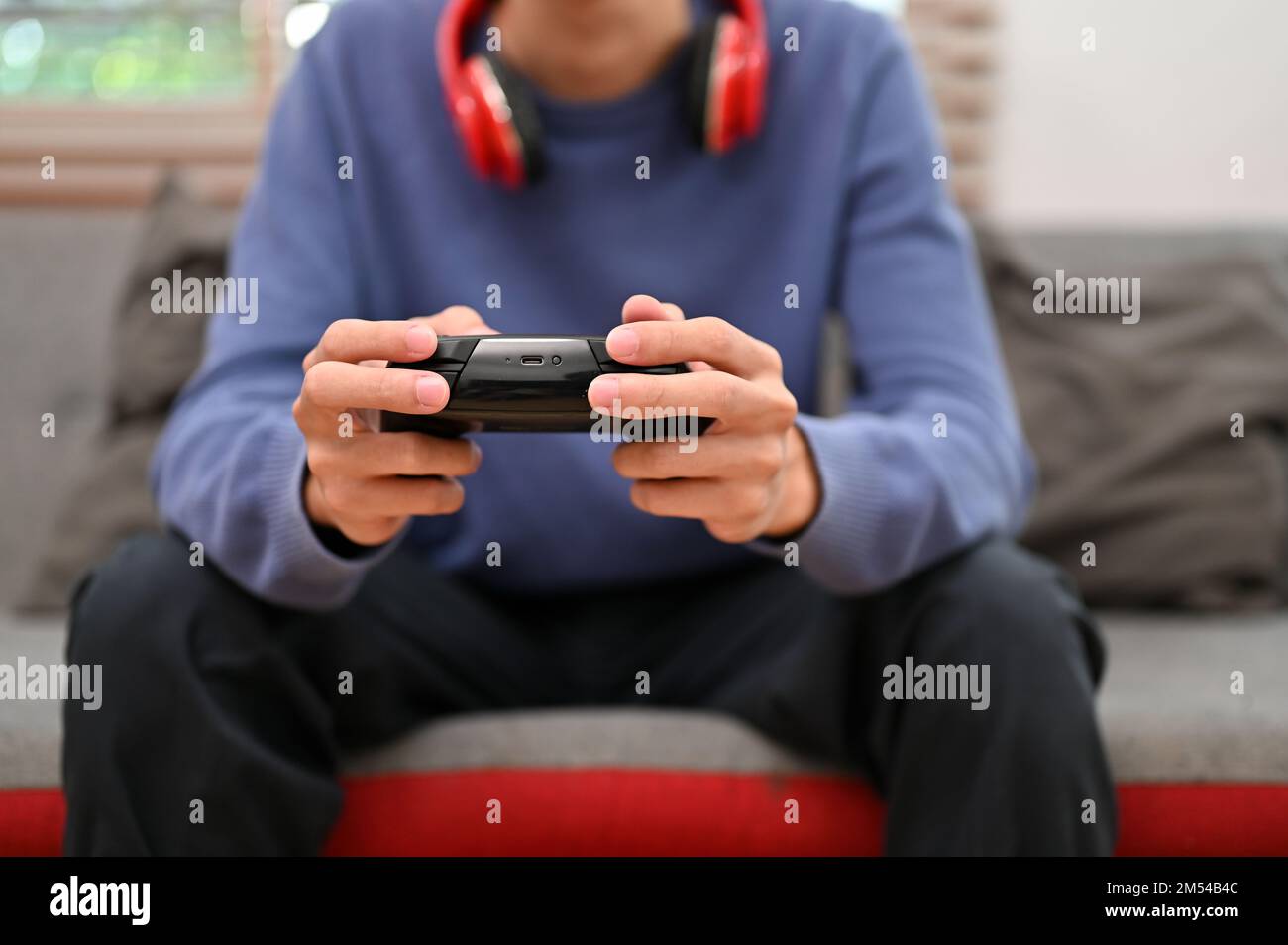 cropped image, A young Asian man playing game in his living room ...
