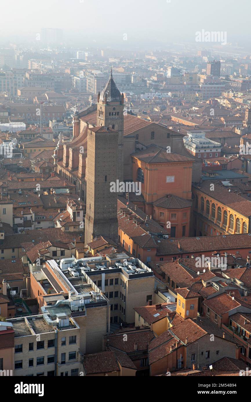 City view Bologna seen from the top of the Asinelli Tower, in front the ...