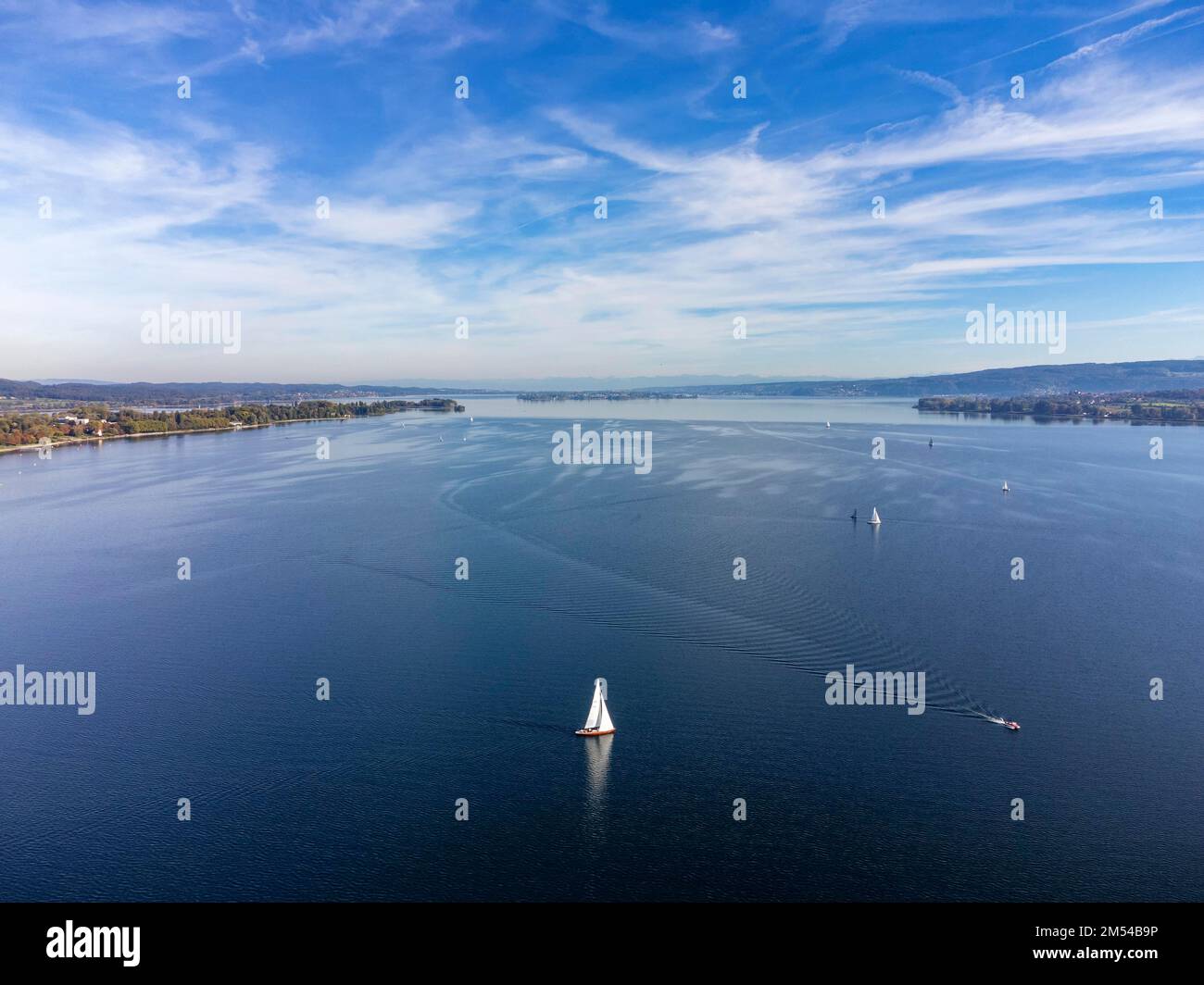 Aerial view of western Lake Constance, Radolfzell, on the horizon ...