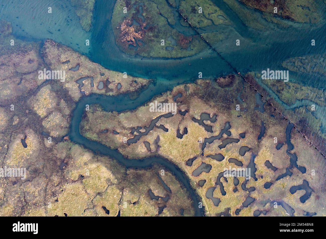 Aerial view, river course and banks, low tide, Glen Coe, Scotland ...
