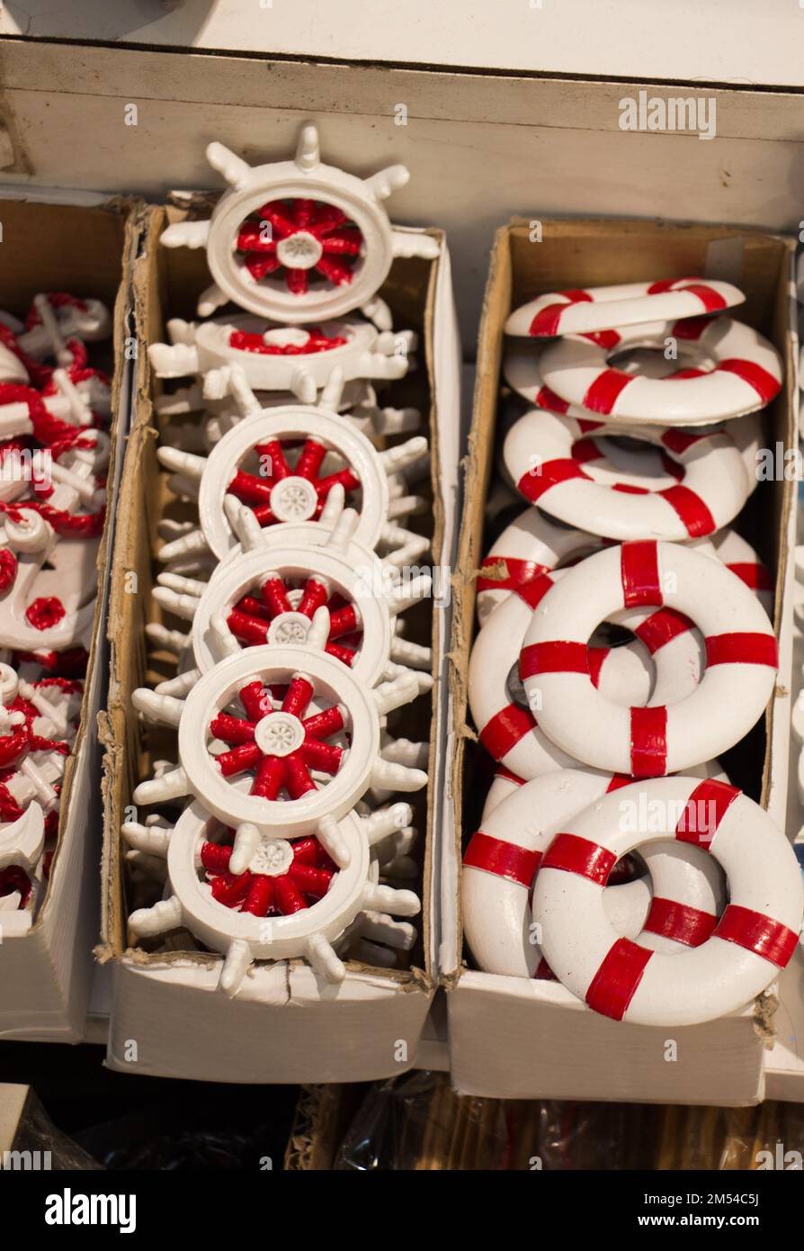 Set of decorative life preservers and steering wheels Stock Photo - Alamy