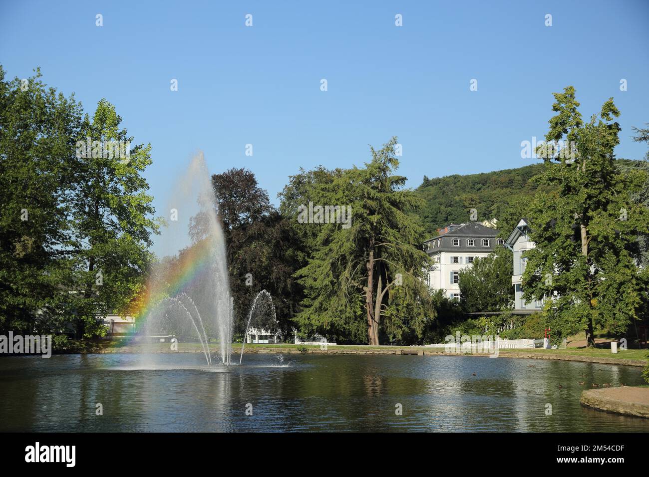 Pond and fountain with water fountain and rainbow, water features, spa ...