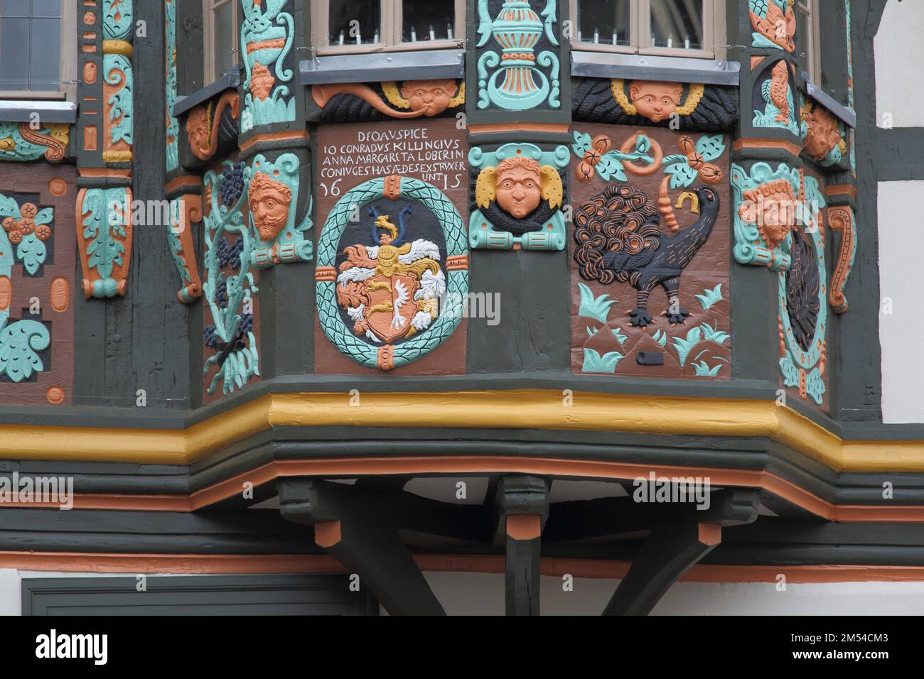 Oriel on the historic Killingerhaus, half-timbered house, detail ...