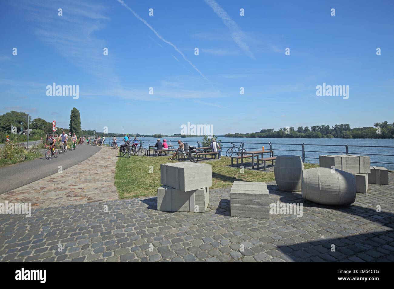 Rest area for cyclists at the wine loading crane on the banks of the ...