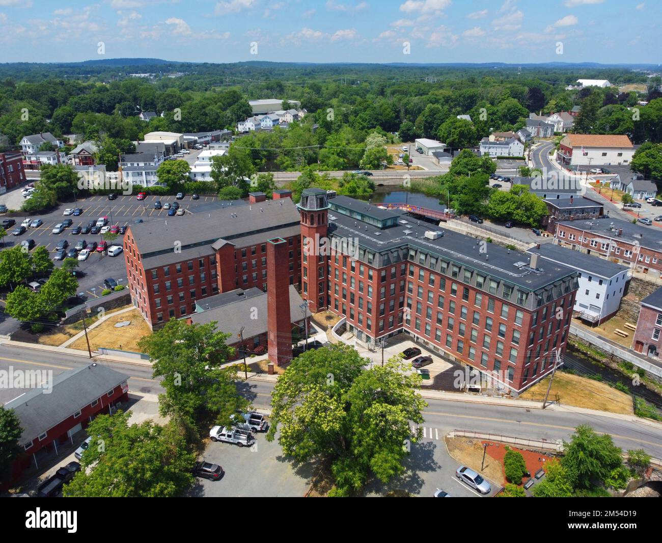 Spicket Falls Mill at Spicket River aerial view Methuen downtown in ...