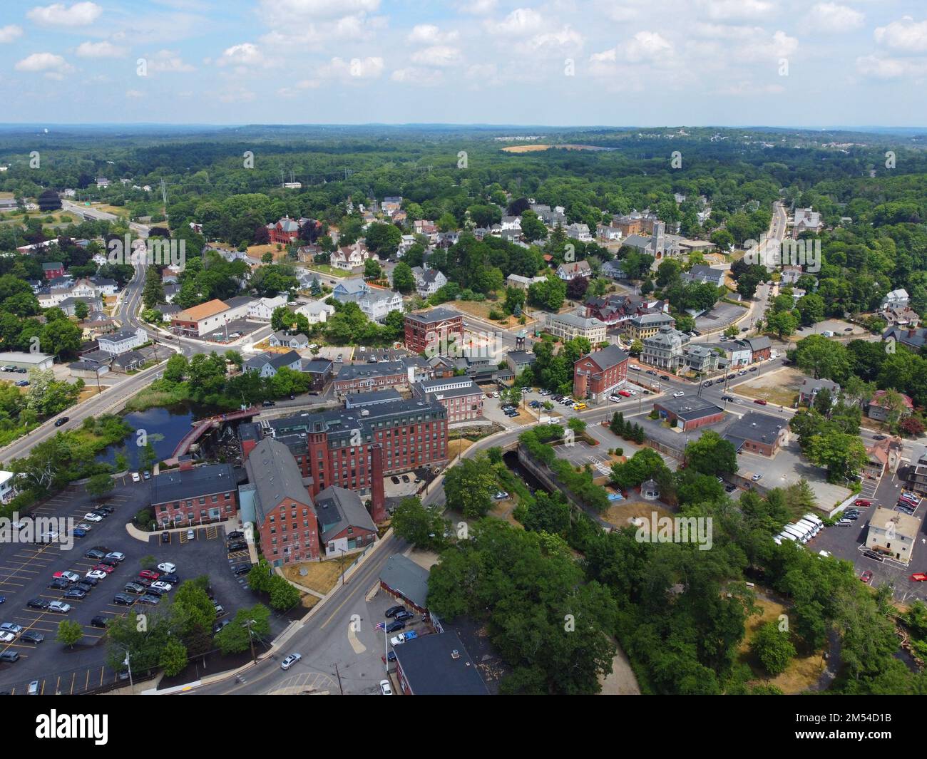 Methuen downtown including Spicket Mill at Spicket River aerial view at ...