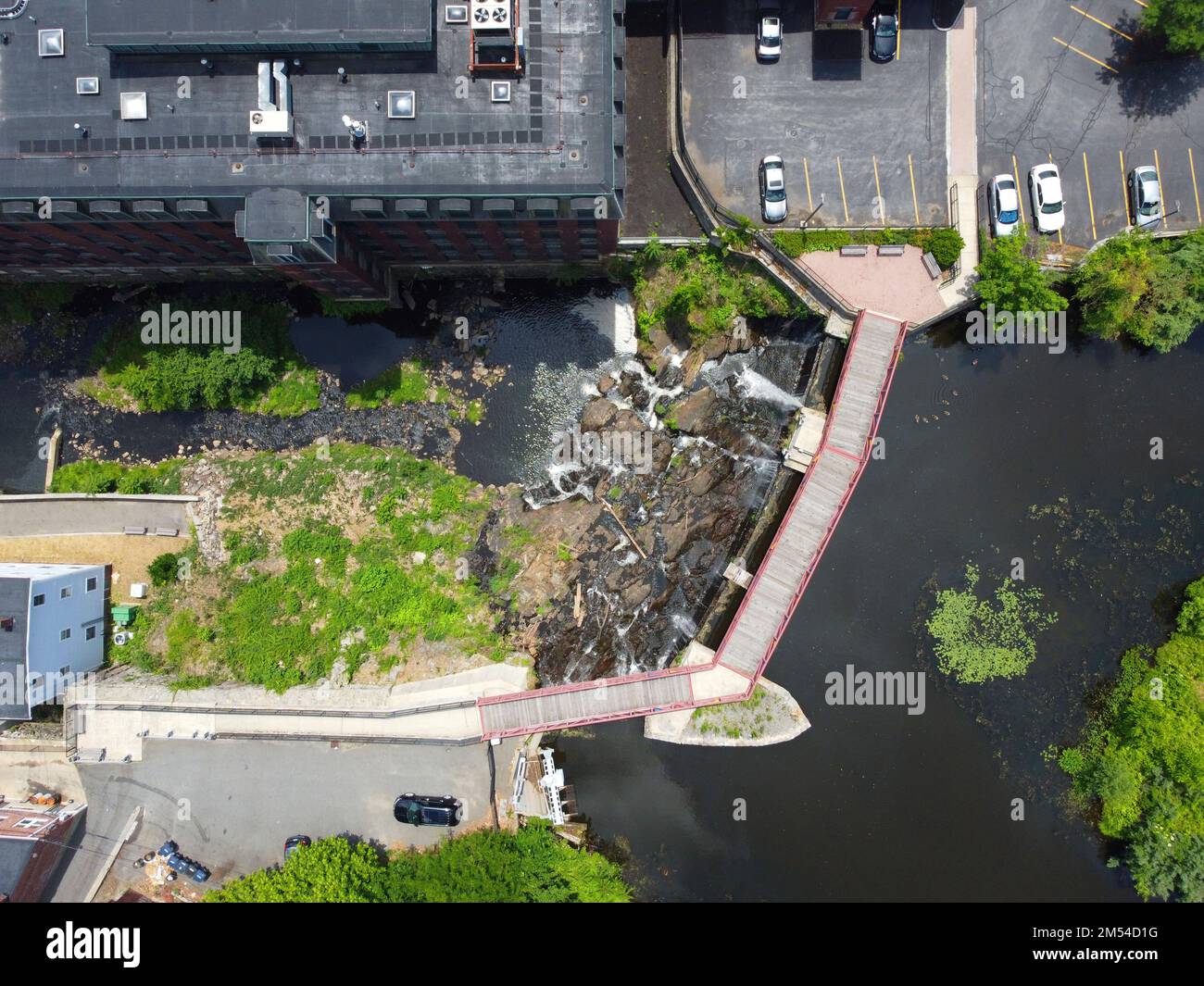 Spicket Falls Mill at Spicket River aerial view Methuen downtown in ...