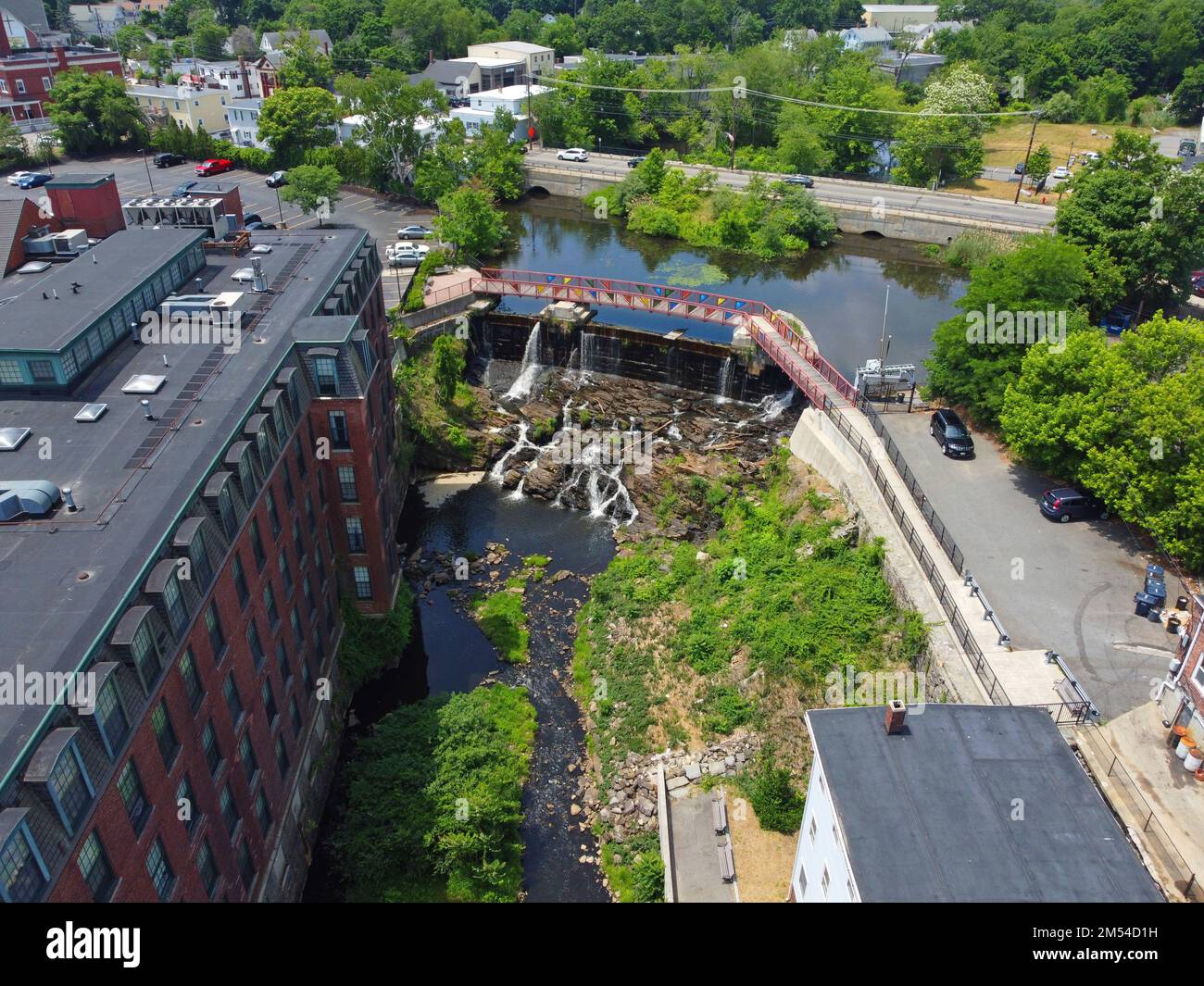 Spicket Falls Mill at Spicket River aerial view Methuen downtown in ...
