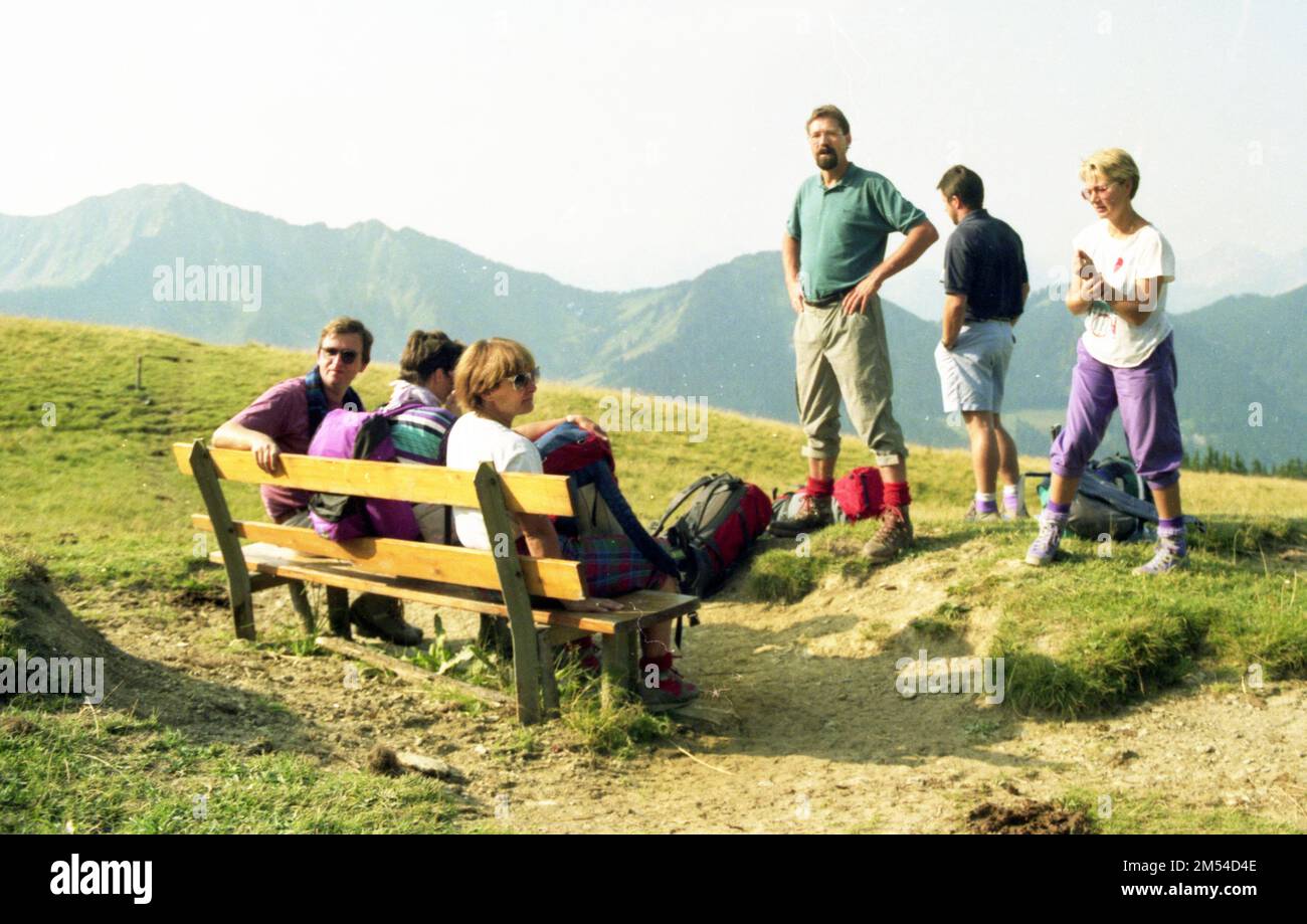 Breganz. Mountain hikers of a German hiking group on a hut hike in the ...