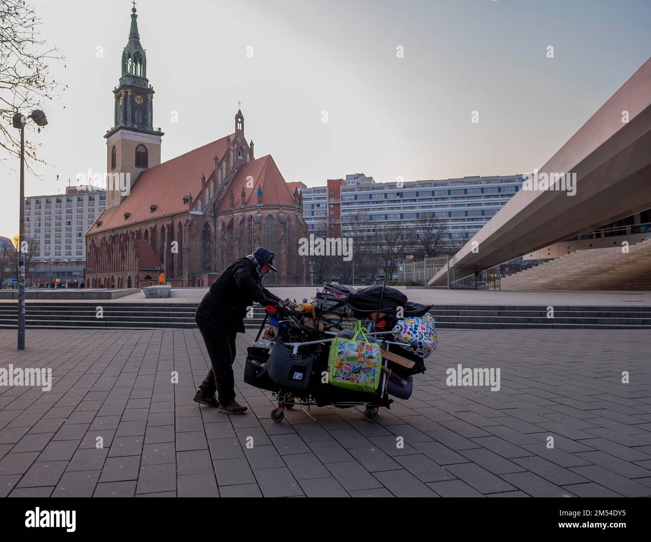 Germany, Berlin, 28. 03. 2020, Alexanderplatz, Marienkirche (St. Mary's ...