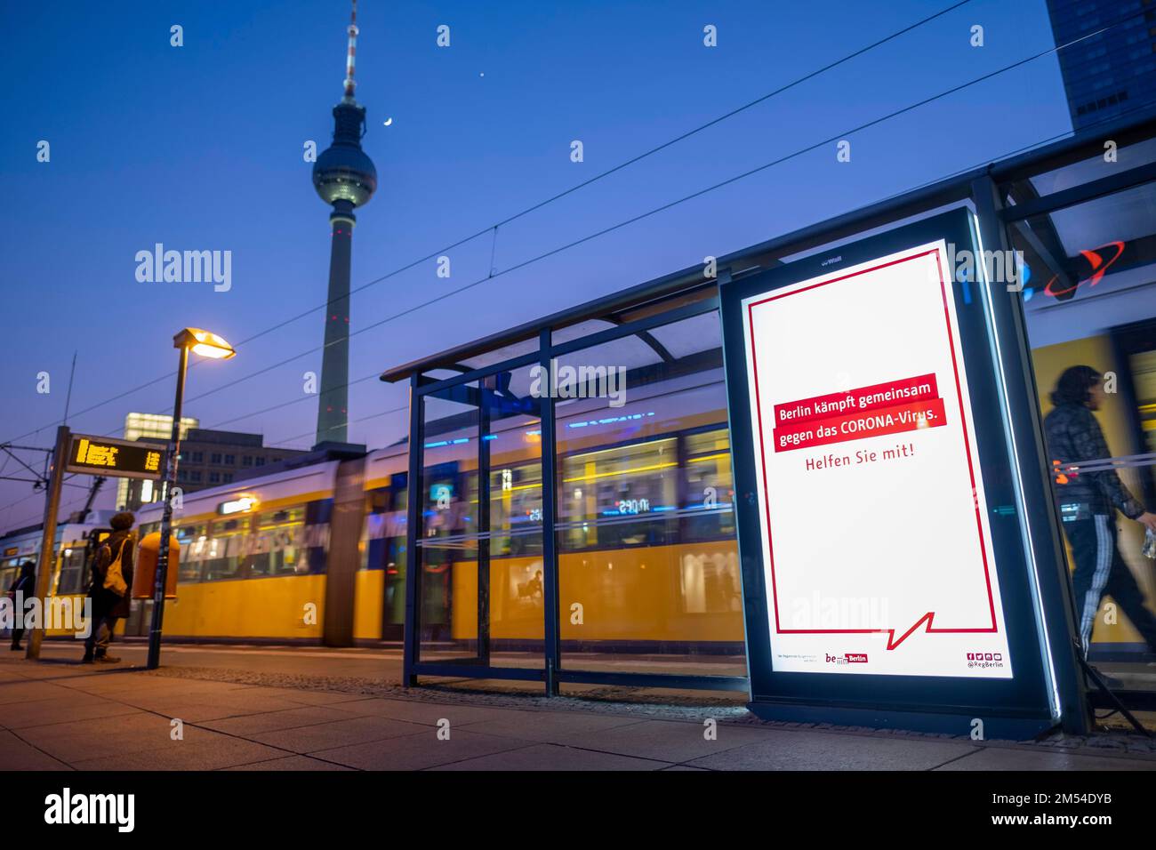 Germany, Berlin, 28. 03. 2020, Alexanderplatz, tram stop, TV tower ...