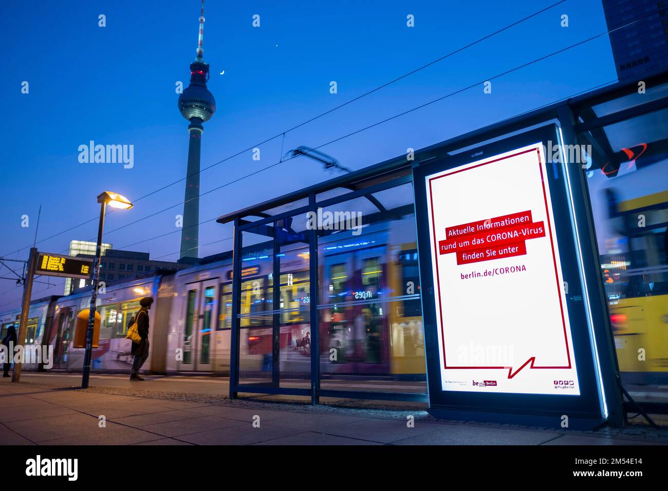 Germany, Berlin, 28. 03. 2020, Alexanderplatz, tram stop, TV tower ...