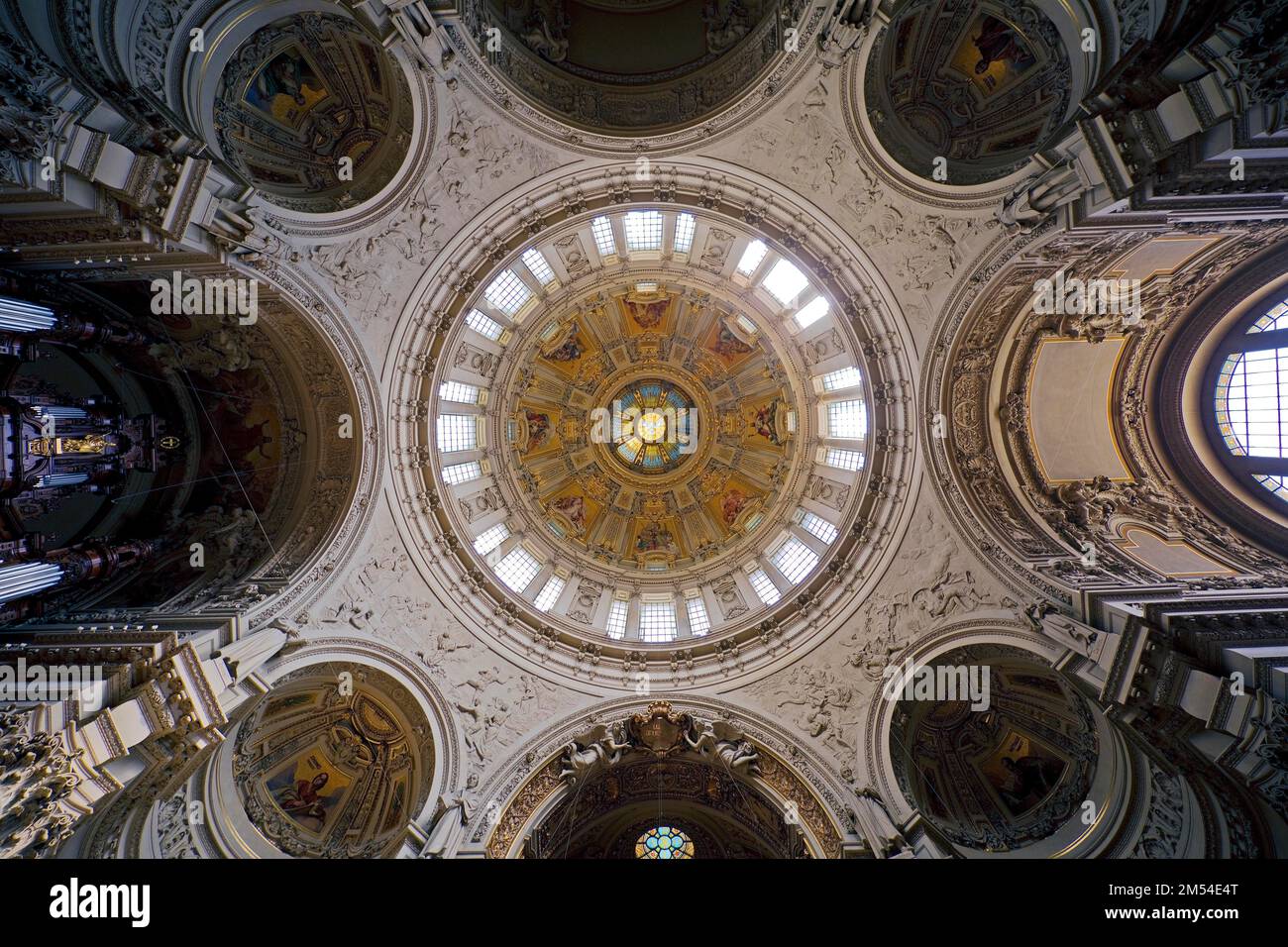 View into the dome with central Holy Spirit window with cupola windows ...