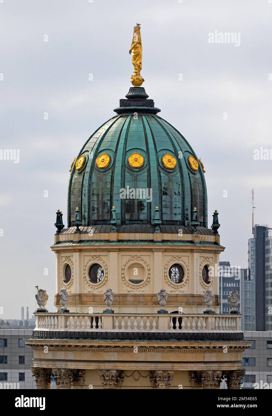 The domed tower of the German Cathedral at Gendarmenmarkt in front of ...