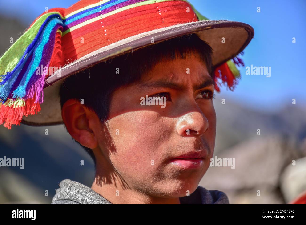 Boy in traditional dress of the Quechua Indians, Ollantaytambo ...