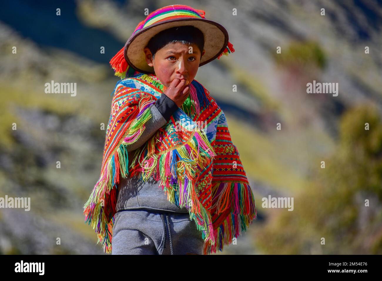 Boy in traditional dress of the Quechua Indians, Ollantaytambo ...