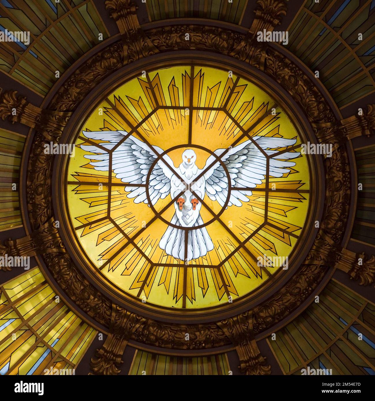 View into the dome with the round, central Holy Spirit window in the ...