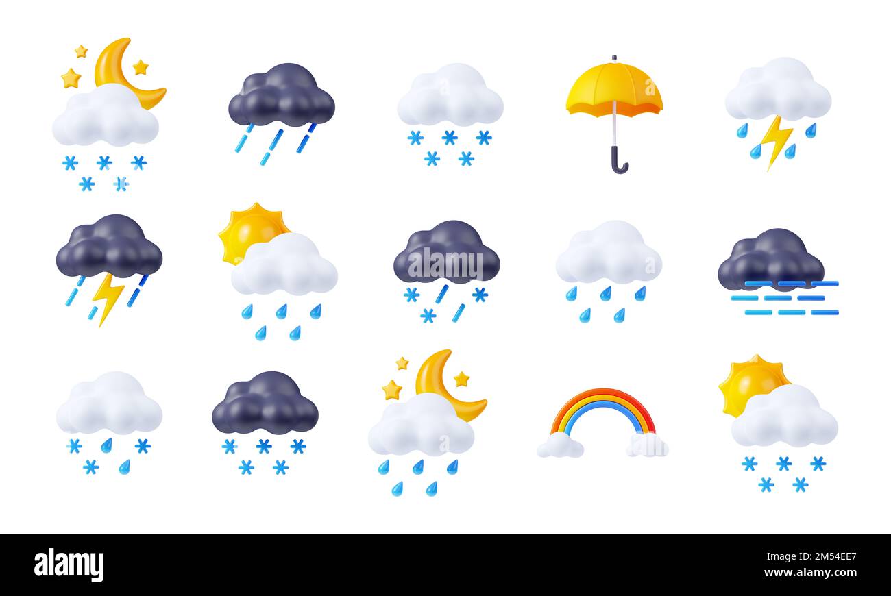3d render weather icons set, day or night elements. Sun shining, clouds ...